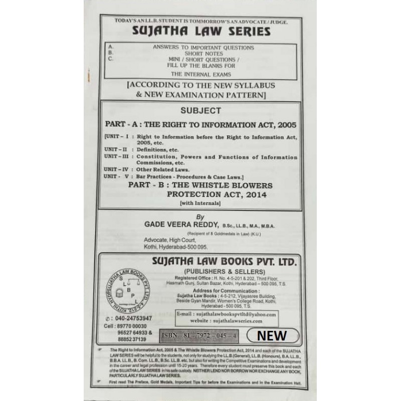 Sujatha Law Series Right to Information Act, 2005 [RTI] For BA. LL.B ...